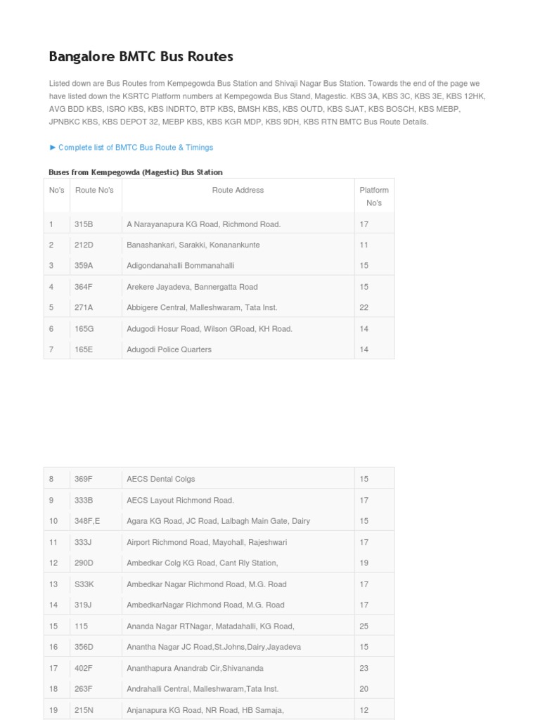 BMTC Bus Routes and Timings Overview | PDF | Transport | Bus Transport