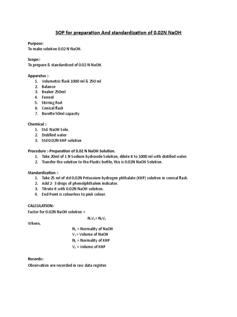SOP For Preparing0.02N NaOH | PDF