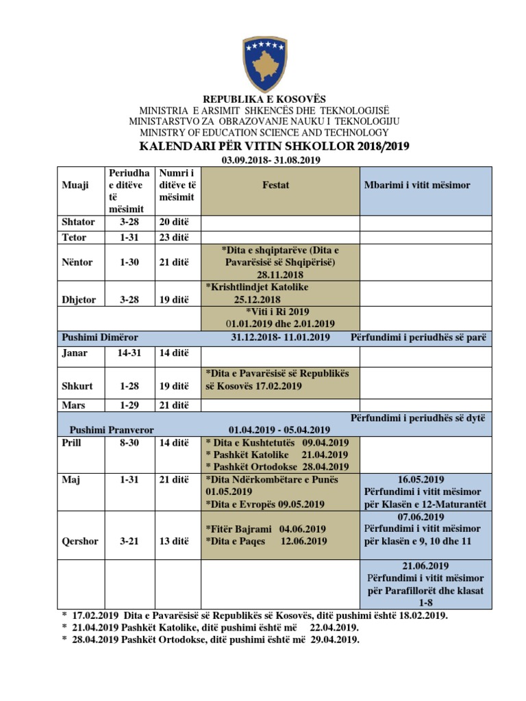 Kalendari Shkollor 2018 2019 Kosove | PDF