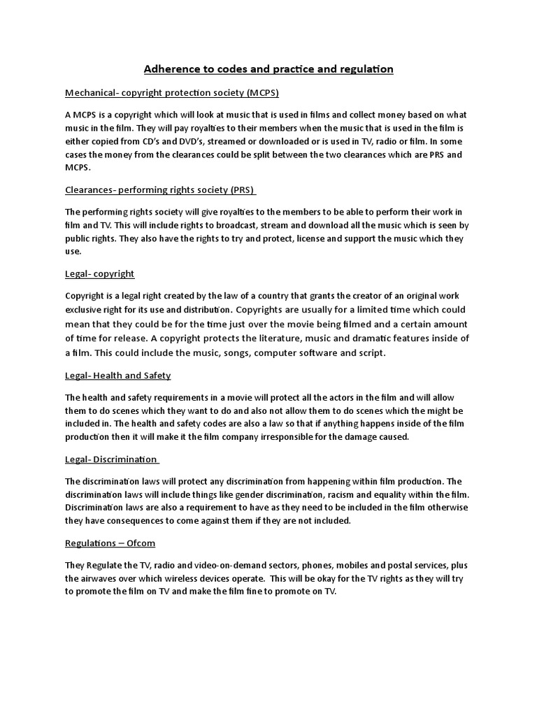 Adherence To Codes and Practice and Regulation | PDF | Royalty Payment ...