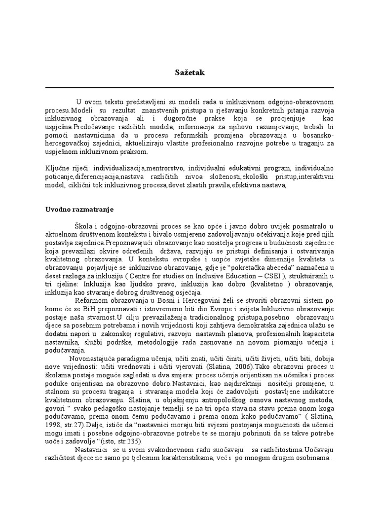 Modeli Rada U Inkluzivnom Odgojno-Obrazovnom Procesu | PDF