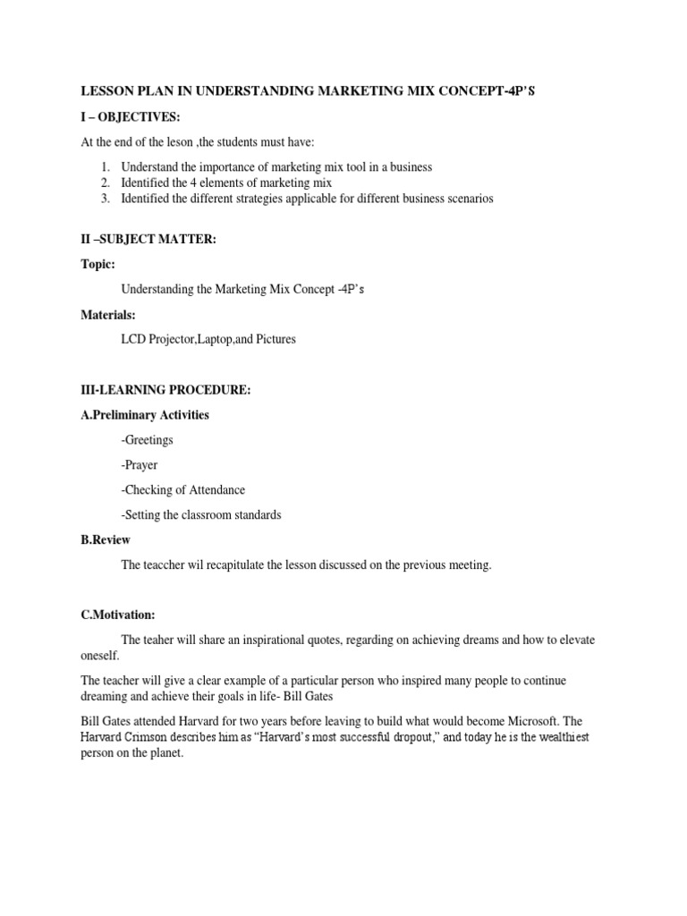 Sample of Lesson Plan in Understanding Marketing Mix | PDF | Lesson ...