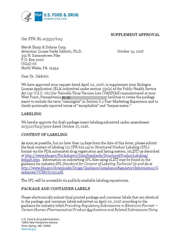 October 19, 2018 Approval Letter - Varivax | PDF | Food And Drug ...