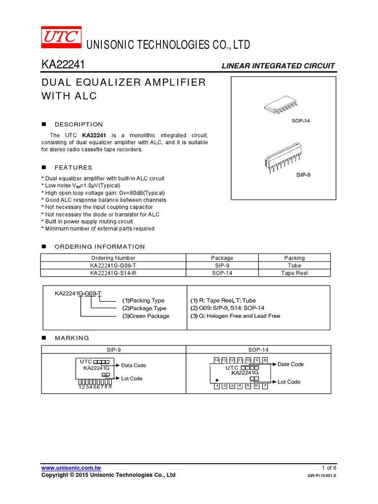 Unisonic Technologies Co., LTD: Dual Equalizer Amplifier With Alc | PDF ...