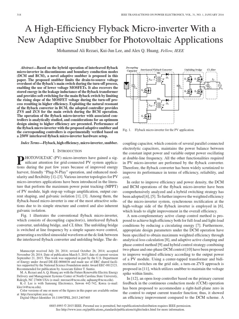 A High-Efficiency Flyback Micro-Inverter With A New Adaptive Snubber ...