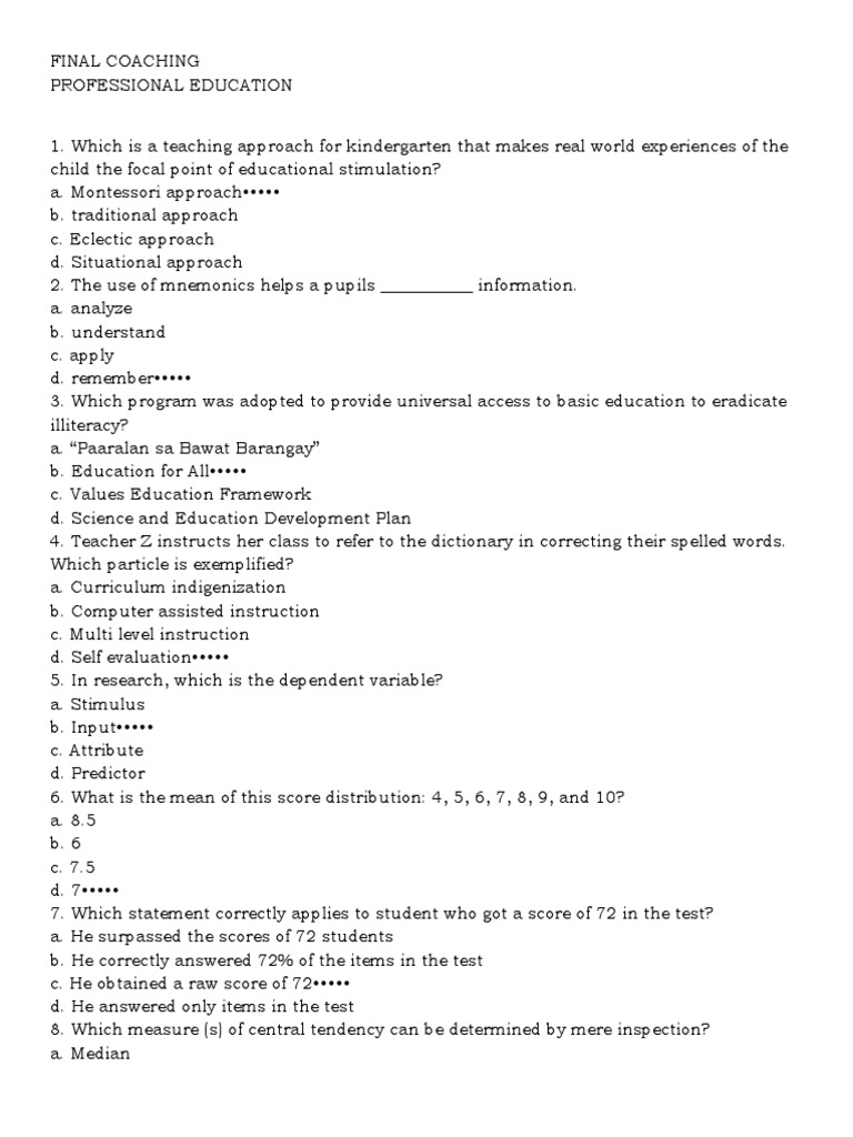 Final Coaching Questions With Answer Key in Professional Education For ...