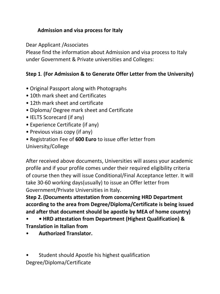 Italy Admission Process Steps | PDF | Travel Visa | University And ...