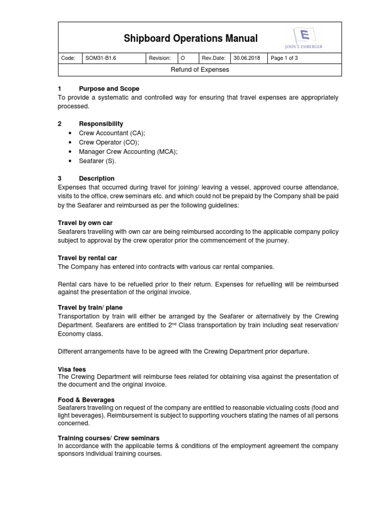 Shipboard Operations Manual: 1 Purpose and Scope | PDF | Voucher | Fee