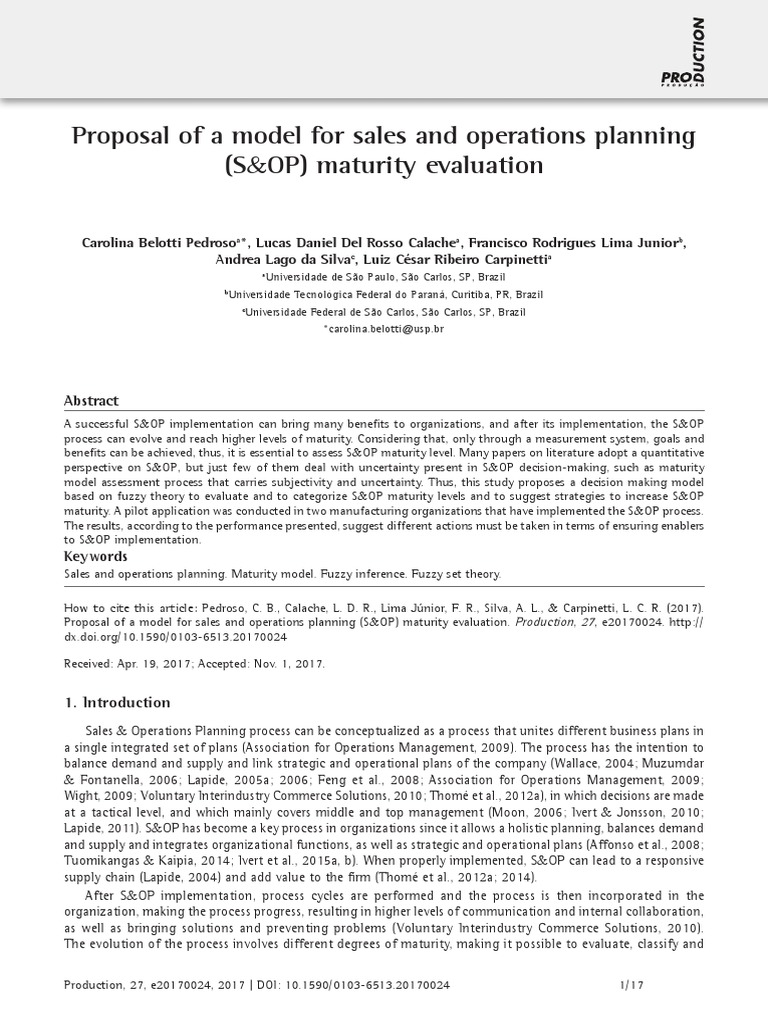 Proposal of A Model For Sales and Operations Planning (S&OP) Maturity ...