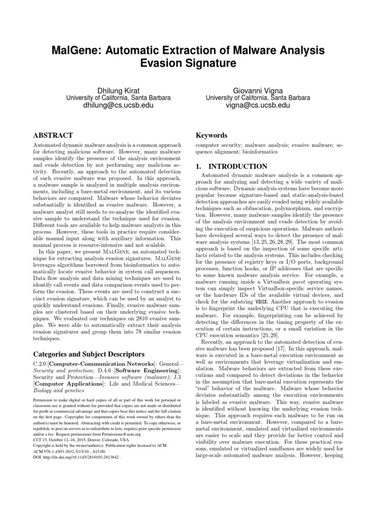 Malgene: Automatic Extraction of Malware Analysis Evasion Signature | PDF | Sequence Alignment ...