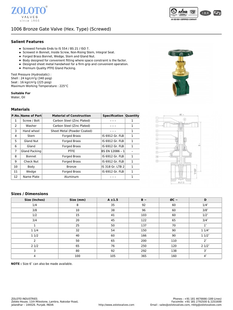 1006 Bronze Gate Valve (Hex. Type) (Screwed) : Salient Features | PDF ...