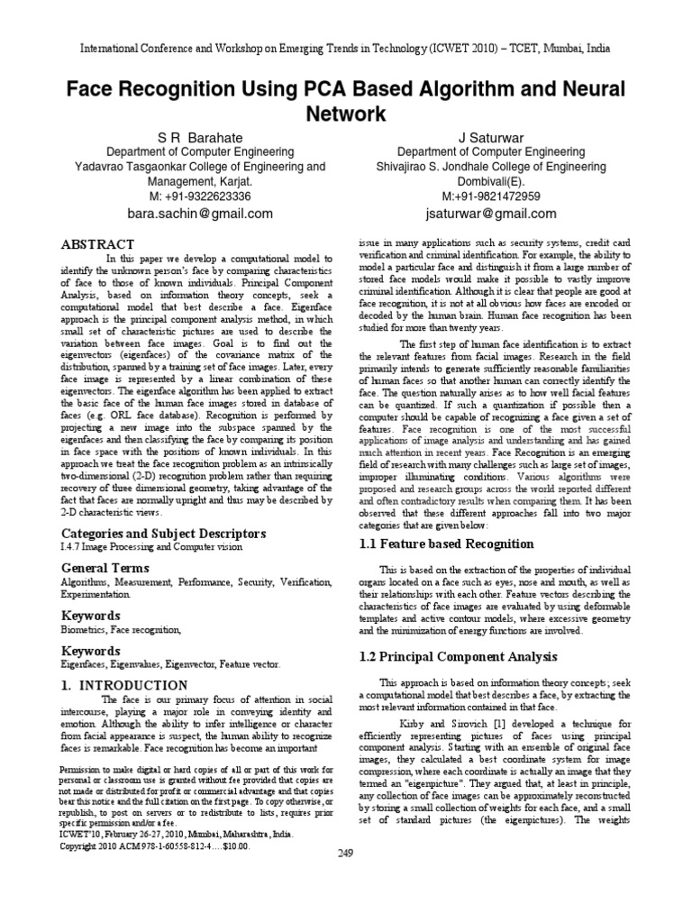 Face Recognition Using PCA Based Algorithm and Neural Network | PDF | Eigenvalues And ...