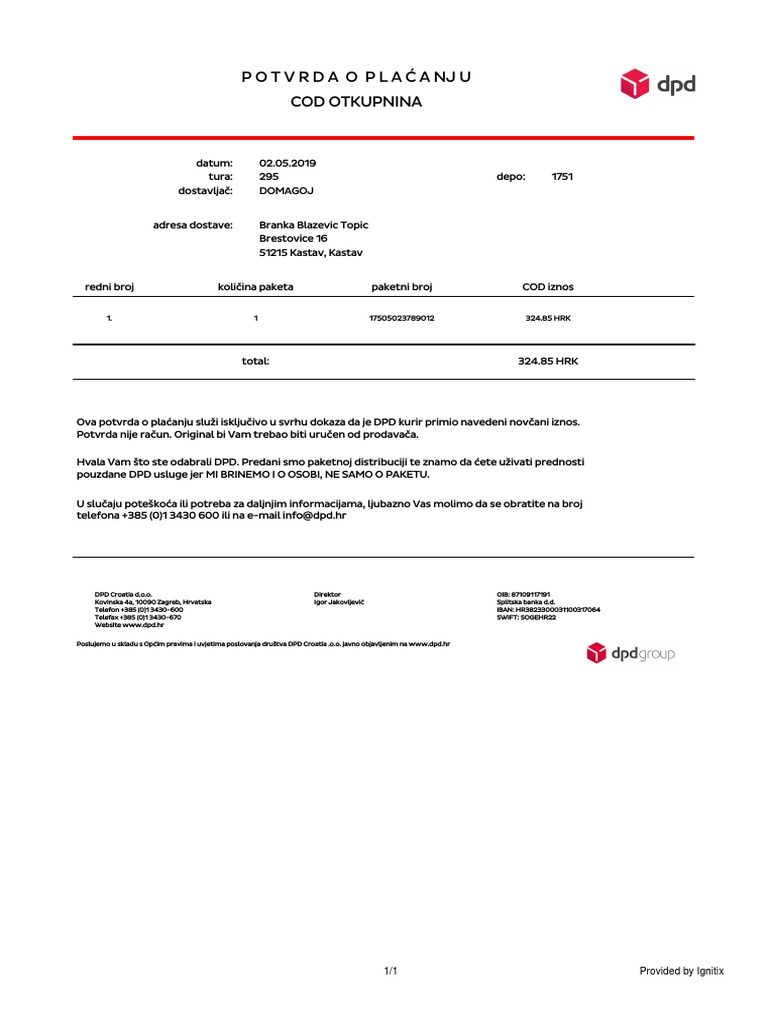 Potvrda O Plaćanju Cod Otkupnina: 1/1 Provided by Ignitix | PDF