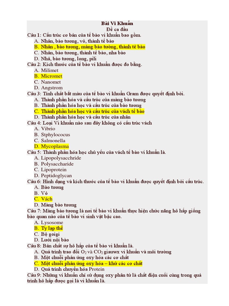 Câu hỏi test Vi Sinh | PDF