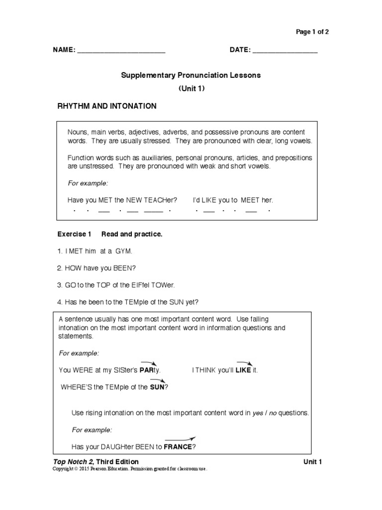 Supplementary Pronunciation Lessons (Unit 1) Rhythm and Intonation ...