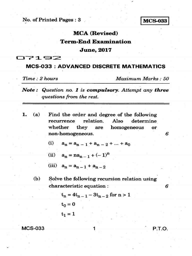 MCA (Revised) Term-End Examination June, 2017: Time: 2 Hours Maximum ...