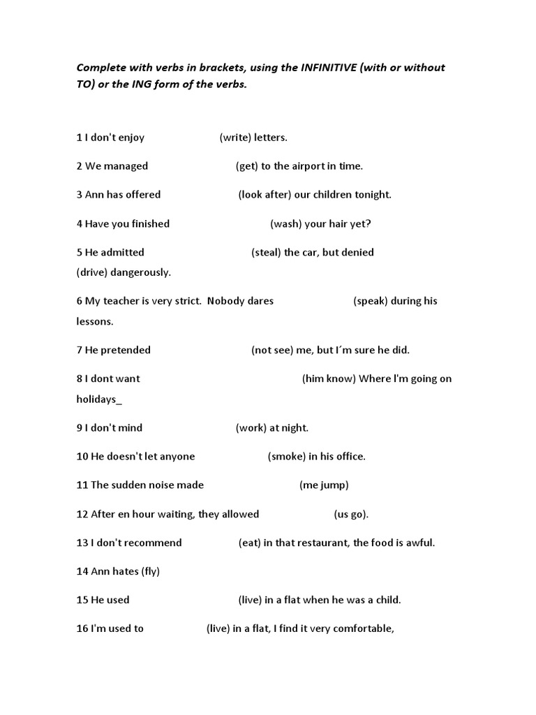 Verbs: Infinitive and ING Forms Practice | PDF