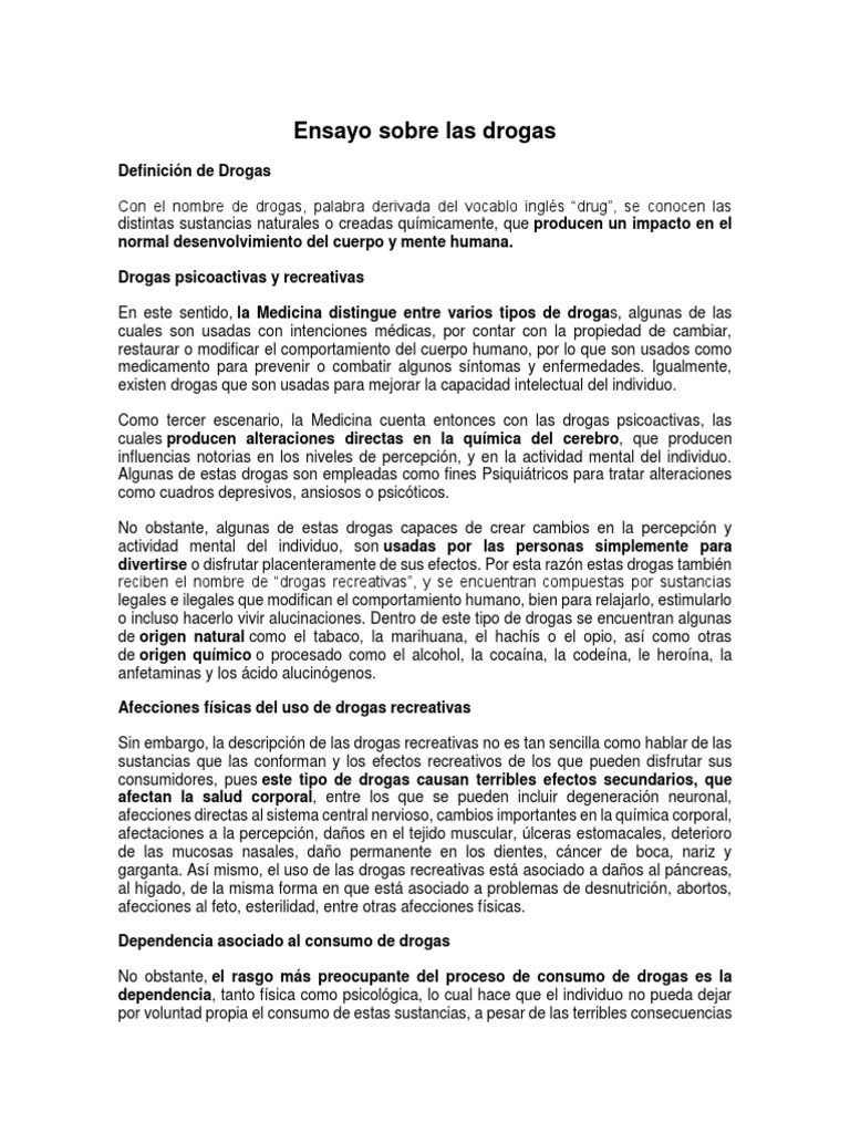Ensayo Sobre Las Drogas | PDF | La dependencia de sustancias | Drogas Psicoactivas