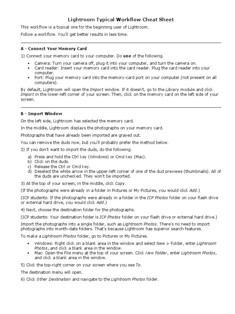 Lightroom Typical Workflow Cheat Sheet: A - Connect Your Memory Card ...