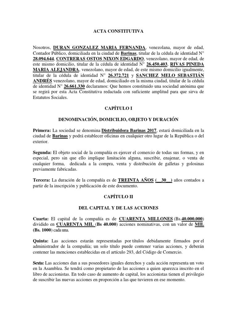 Acta Constitutiva | PDF | Compartir (Finanzas) | Bancos