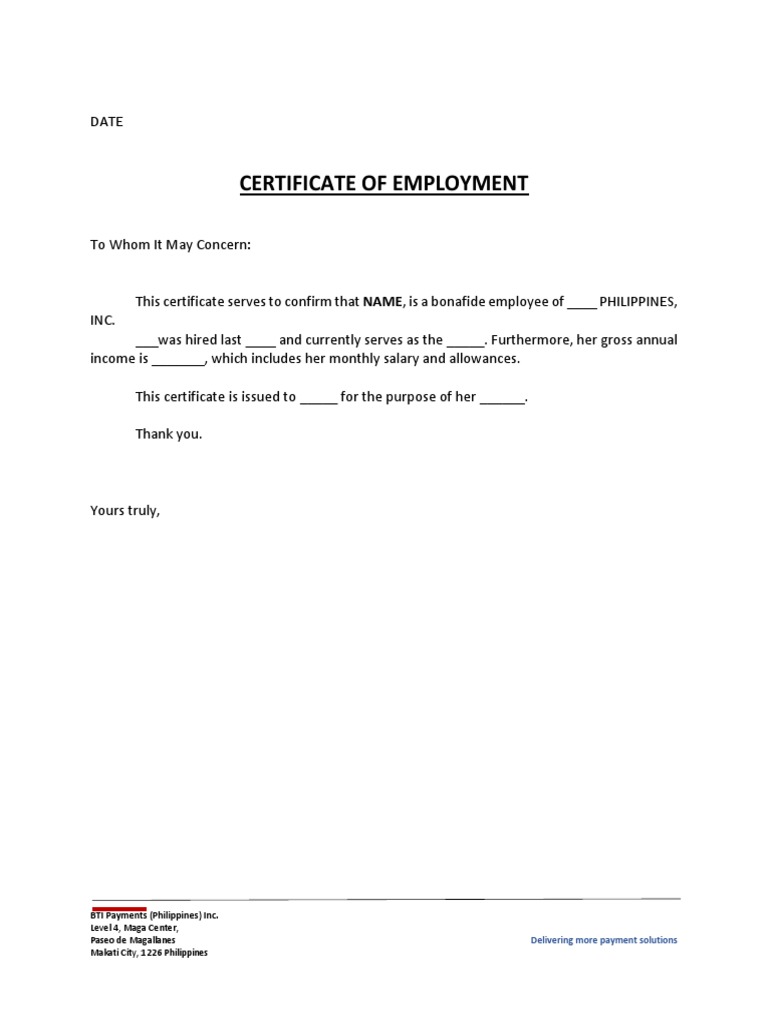 Certificate of Employment: BTI Payments (Philippines) Inc | PDF