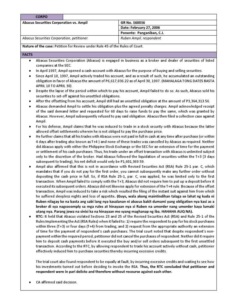 Abacus Securities Corporation vs. Ampil PDF | PDF | Margin (Finance ...