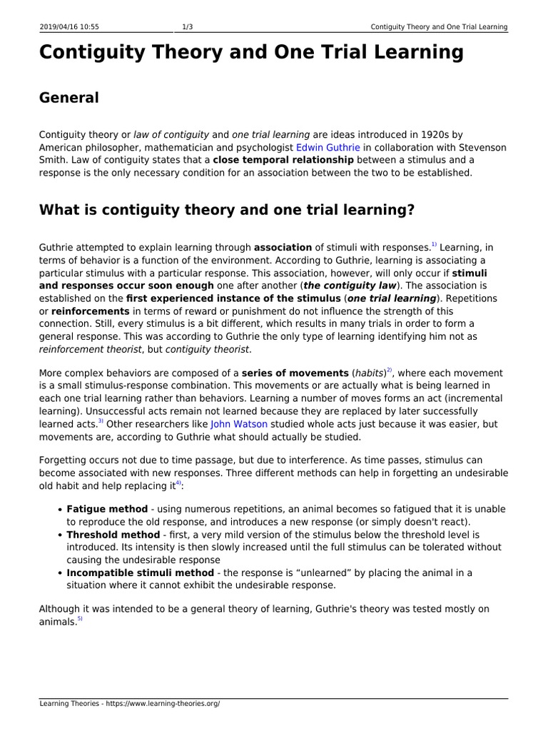 Edwin Guthrie Contiguity Theory and One Trial Learning | PDF ...