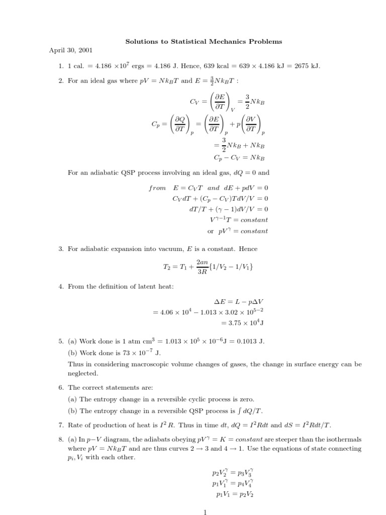 (Physics, Thermal) - Solutions To Statistical Mechanics Problems | PDF ...