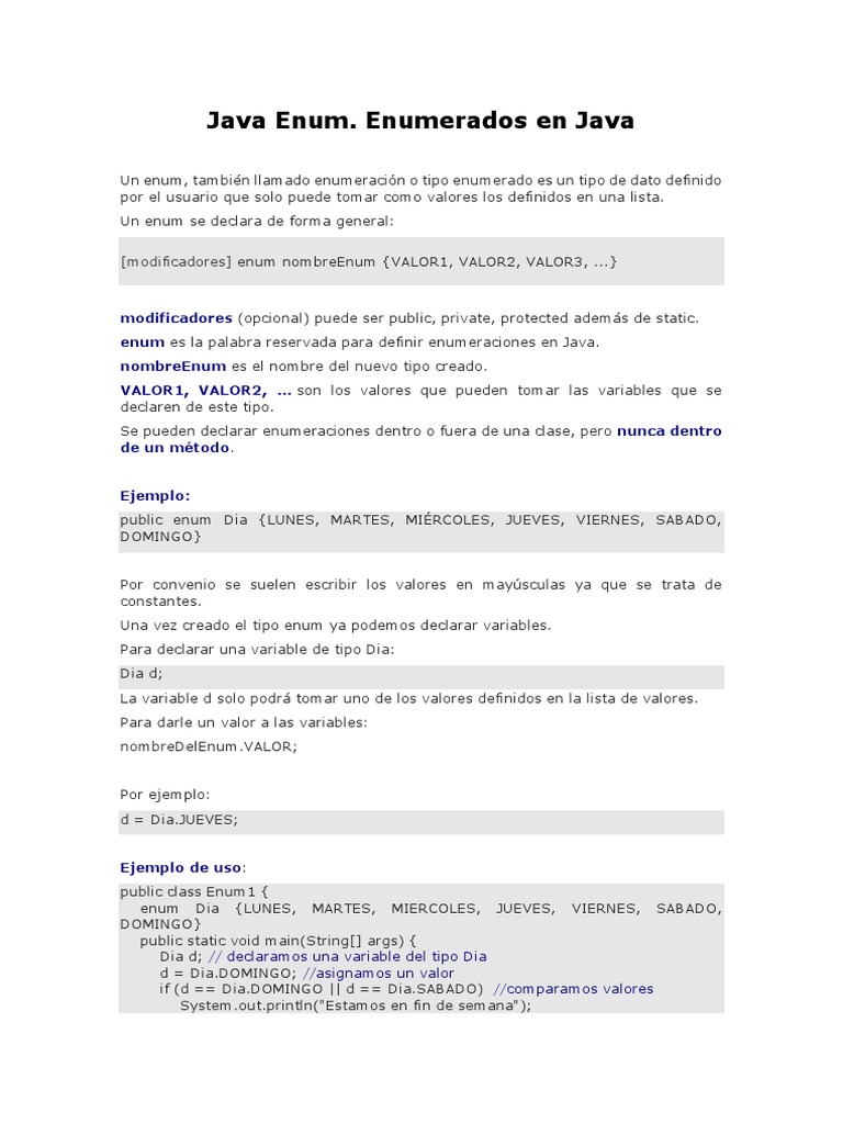 Enumerados en JAVA | PDF | Java (lenguaje de programación) | Cadena (informática)
