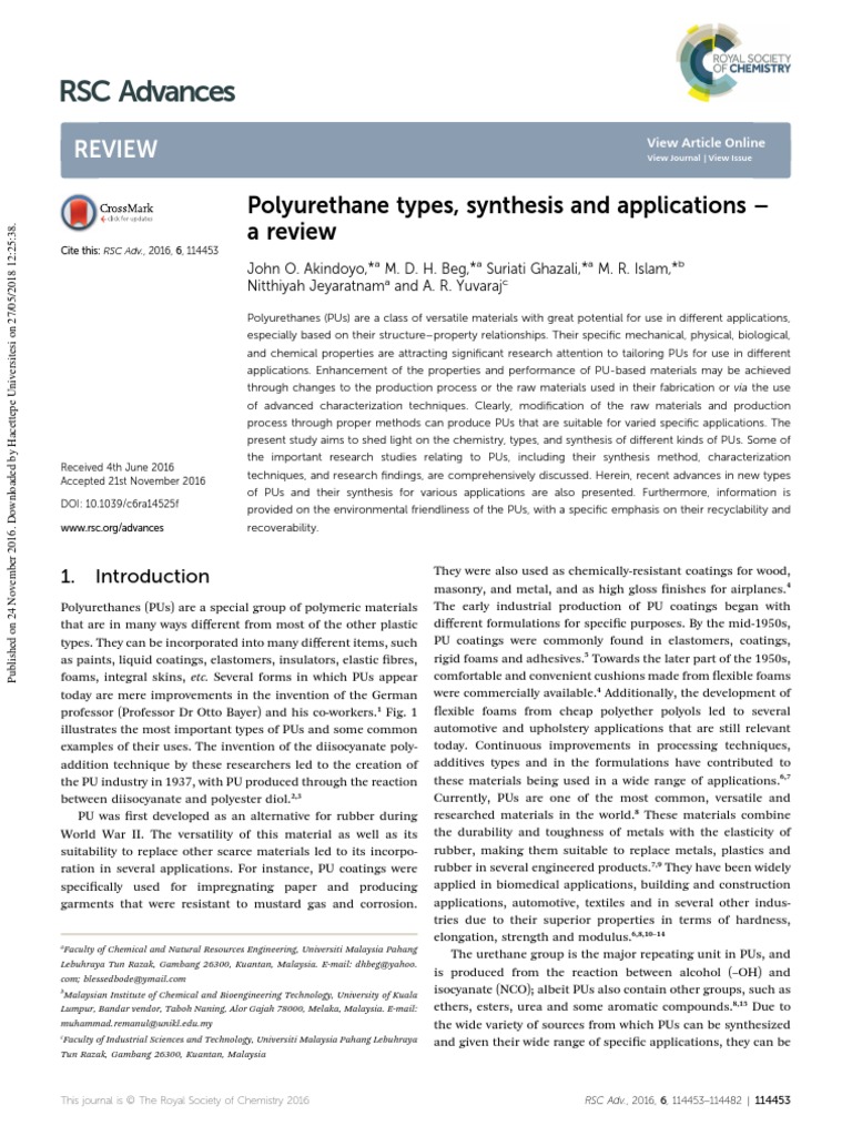Polyurethane Types, Synthesis and Applications - A Review PDF | PDF ...