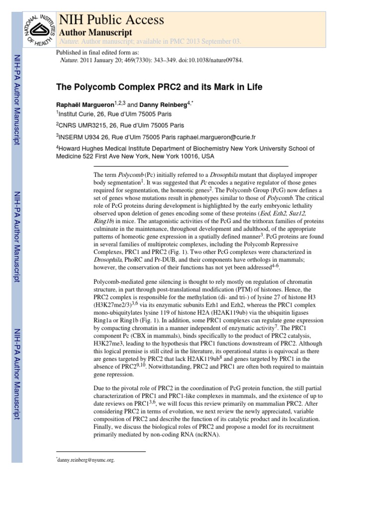 NIH Public Access: The Polycomb Complex PRC2 and Its Mark in Life | PDF ...