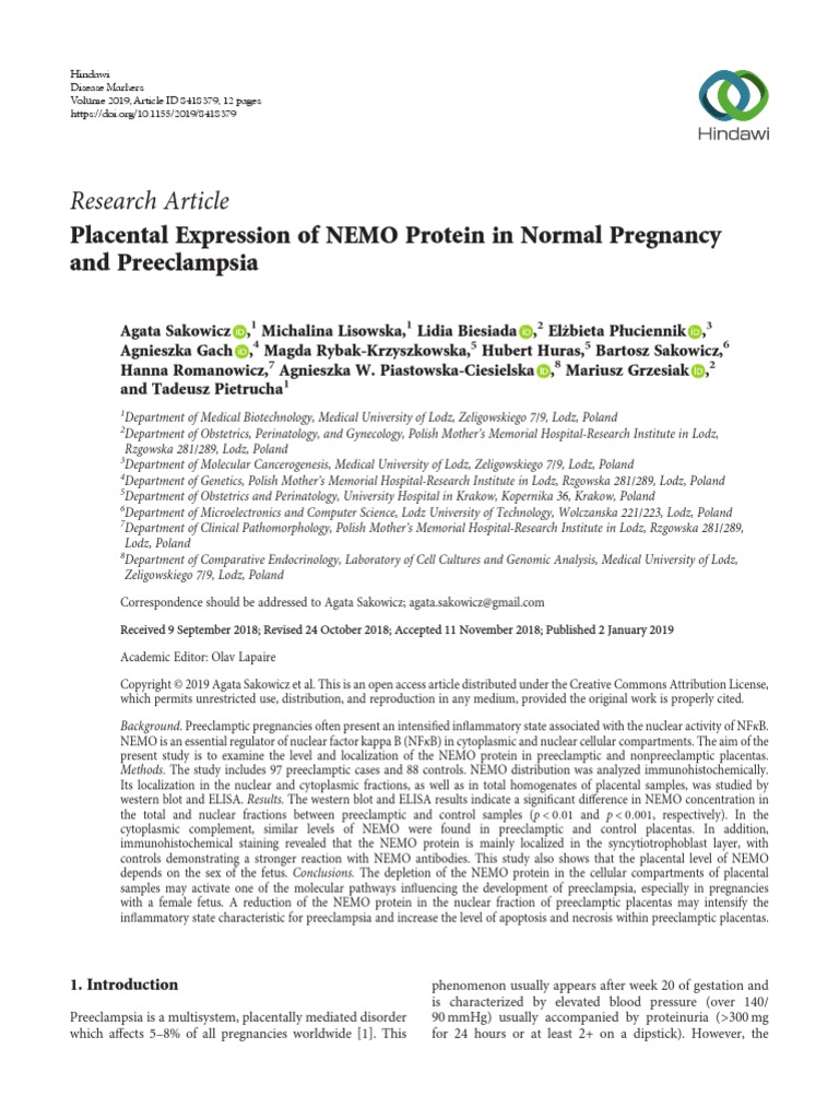 Research Article Placental Expression of NEMO Protein in Normal ...