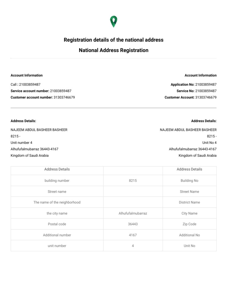 Saudi National Address Registration Details | PDF | Business