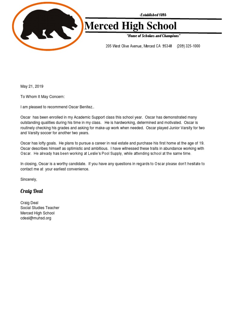 Oscar Benitez - Letter of Recommendation by Craig Deal | PDF