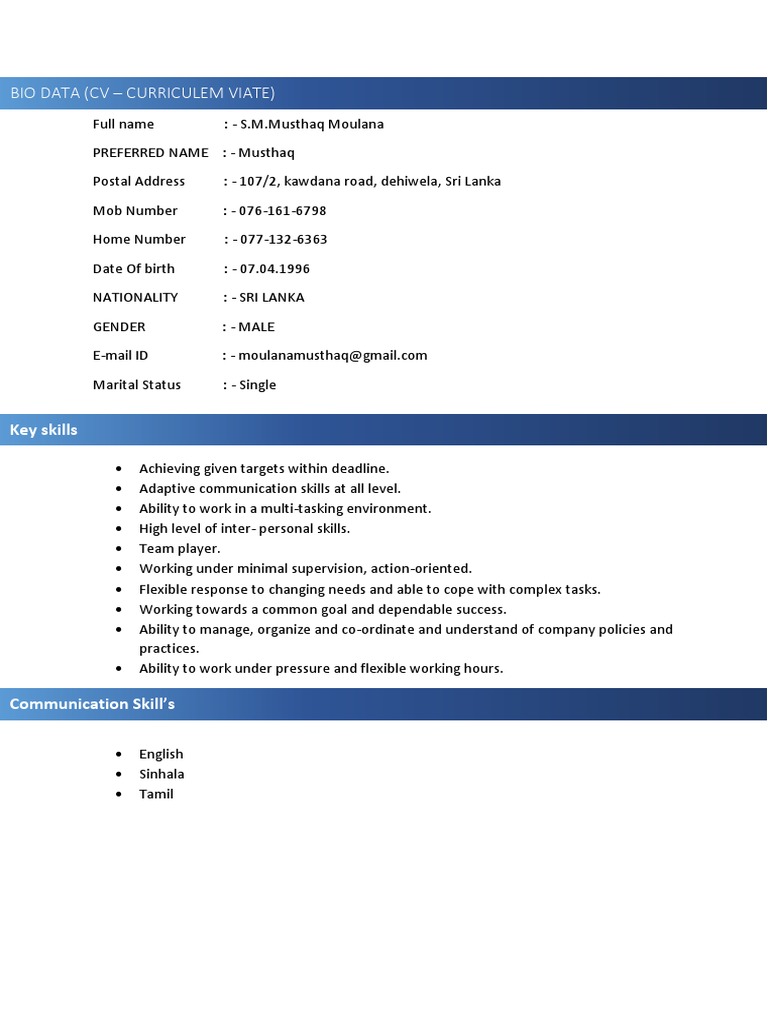 Bio Data (CV - Curriculem Viate) : Key Skills | PDF | Sales | Business