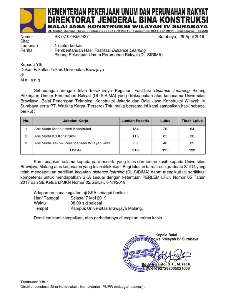 427.surat Pemberitahuan Hasil DL-SIBIMA | PDF