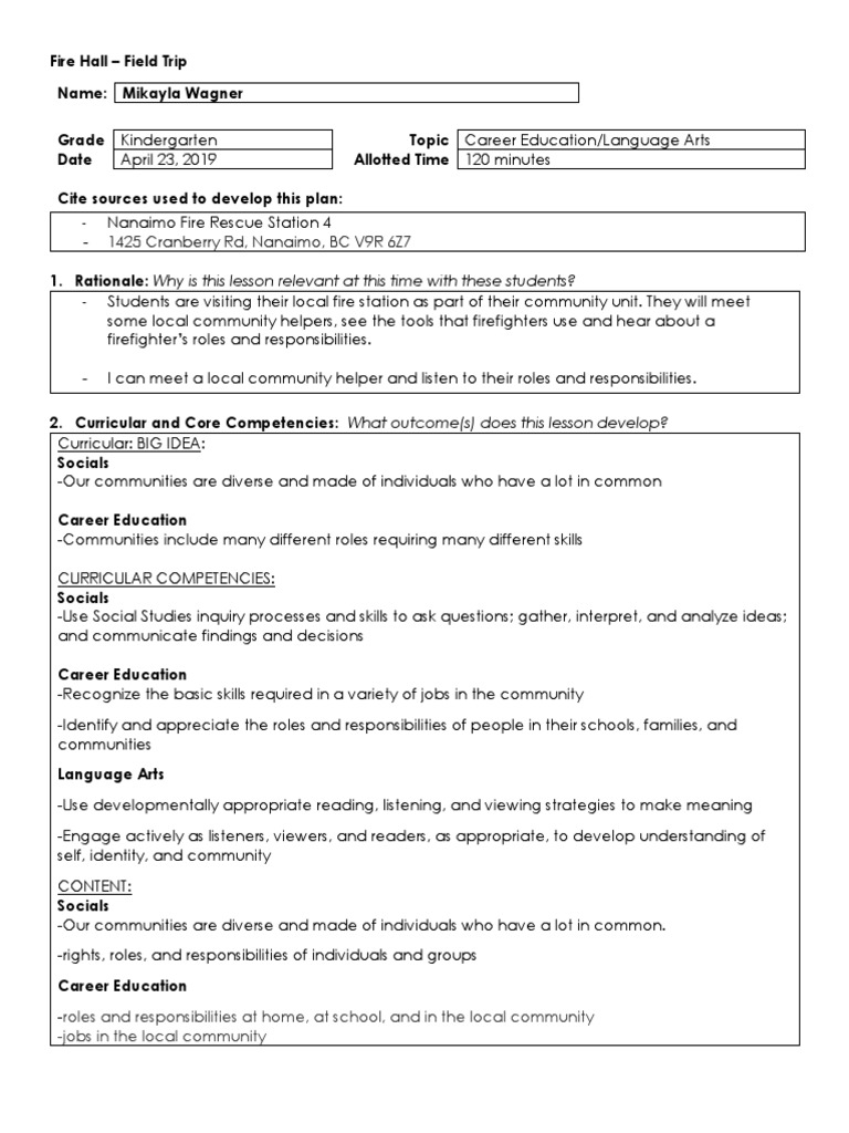 Fire Station Field Trip Plan for K-Grade | PDF | Firefighter | Curriculum