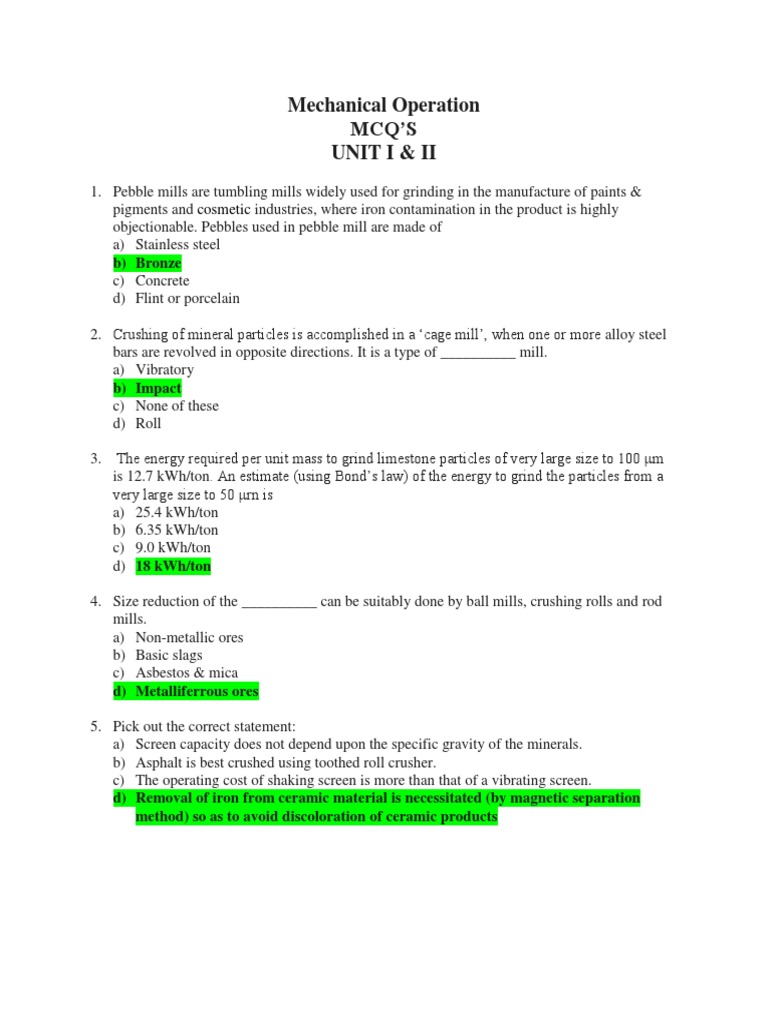 Mo MCQ 1 | PDF | Mill (Grinding) | Materials