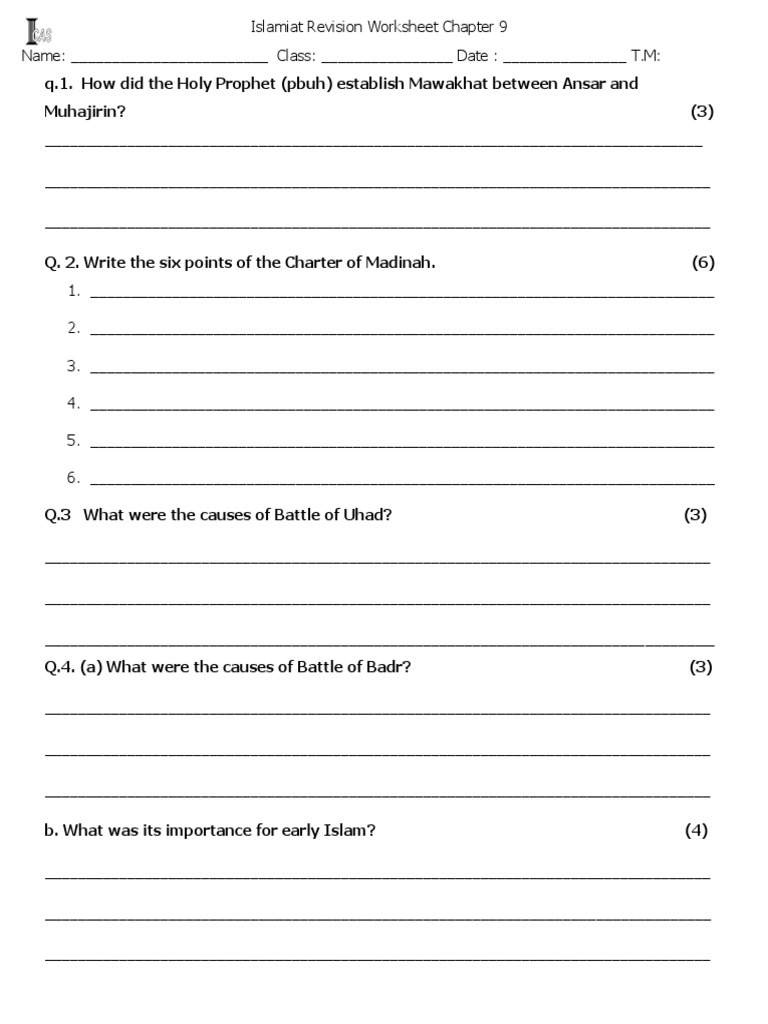 Islamiat Revision Worksheet Chapter 9 | PDF | Banu Hashim | Middle East