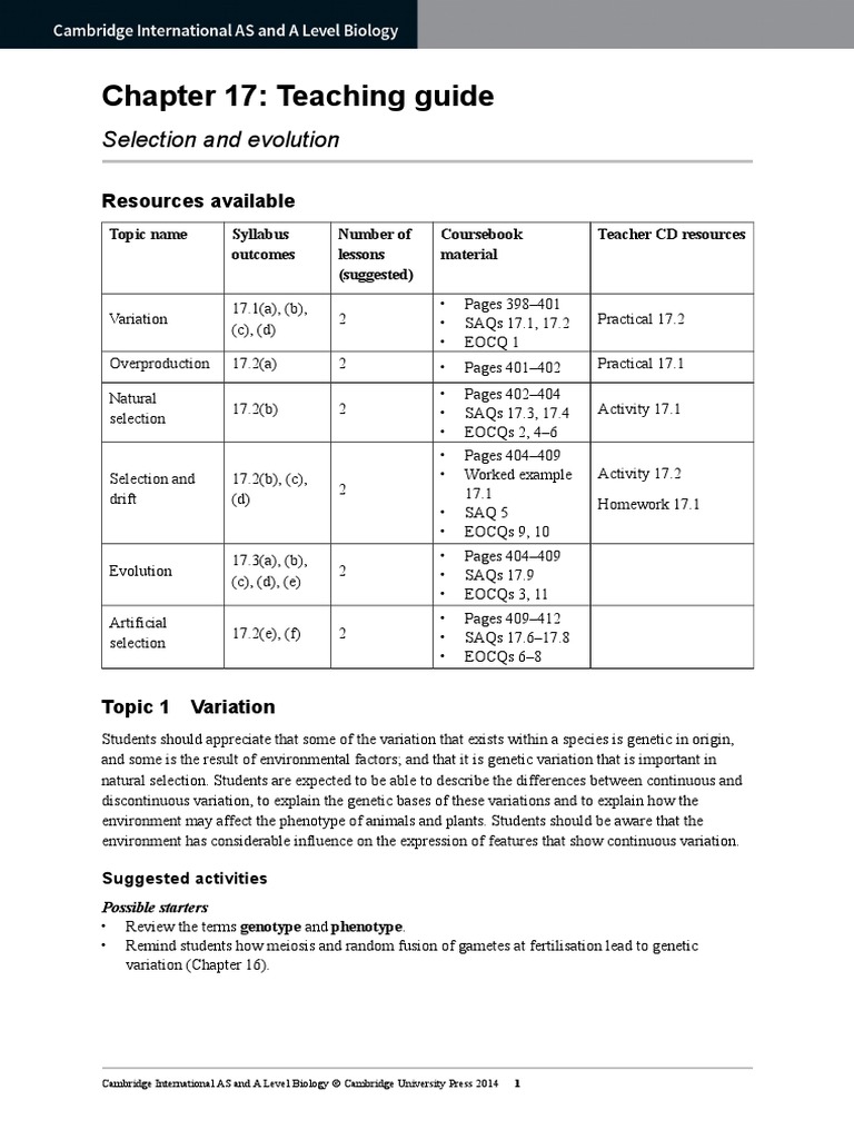 Chapter 17: Teaching Guide: Selection and Evolution | PDF | Natural ...