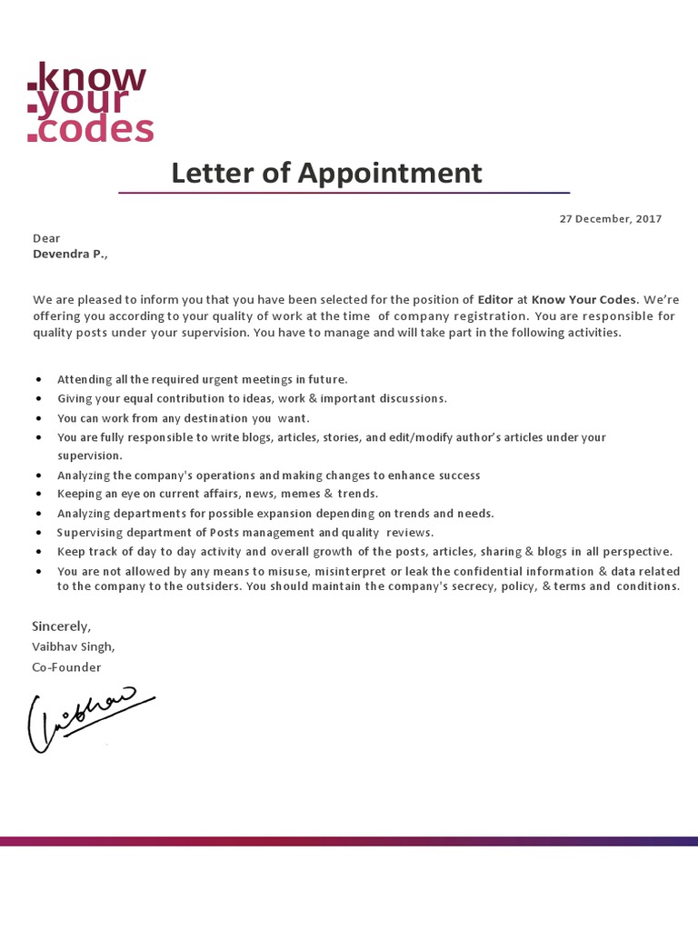 Appointment Letter Formation | PDF