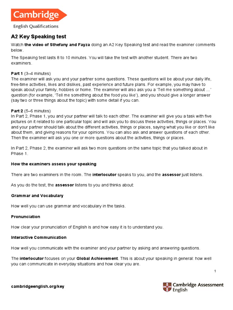 A2 Speaking Test | PDF | Question | Vocabulary