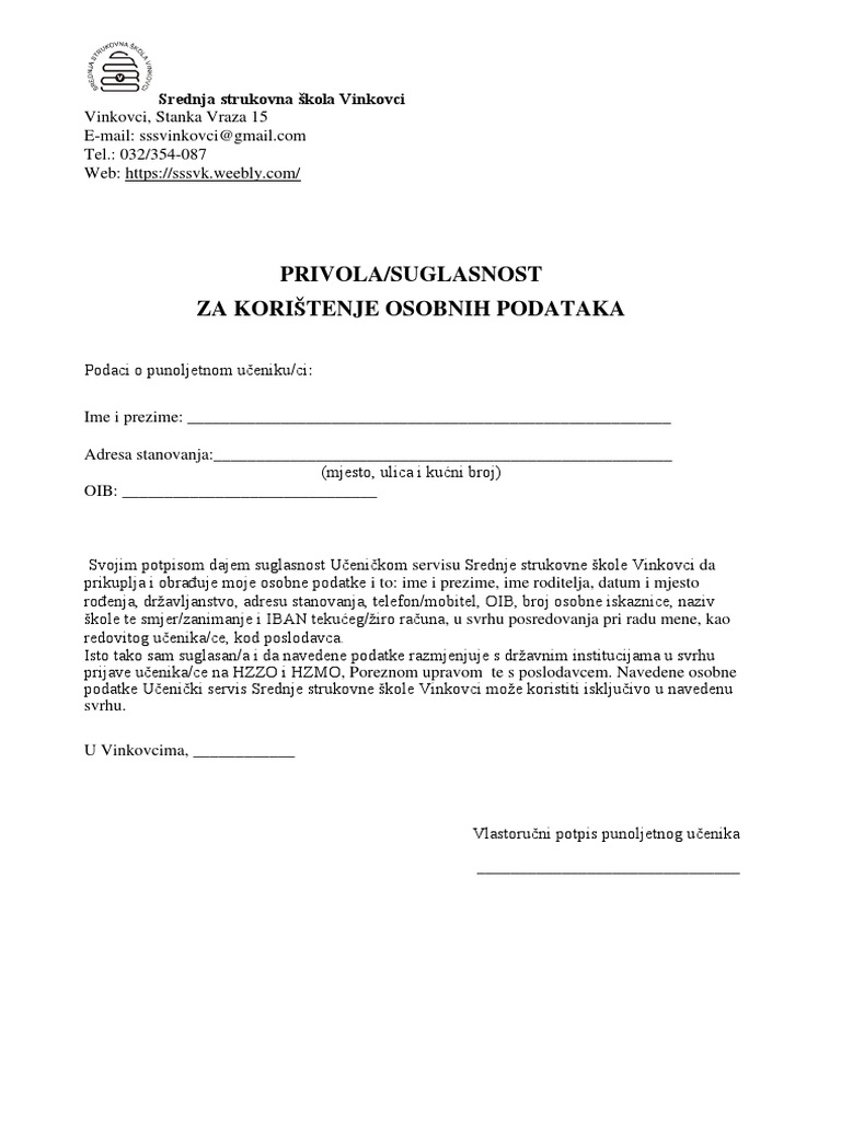 Privola/Suglasnost Za Korištenje Osobnih Podataka: Srednja Strukovna ...