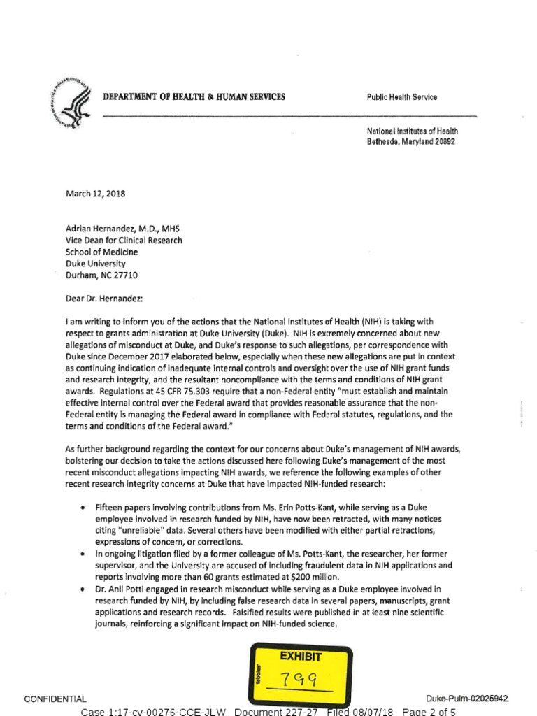 NIH Letter To Duke | PDF | National Institutes Of Health | Regulatory ...