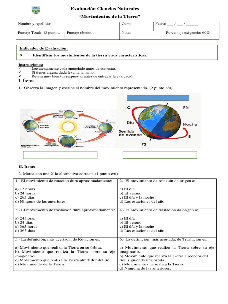 Evaluación Ciencias Naturales Movimientos de La Tierra | PDF