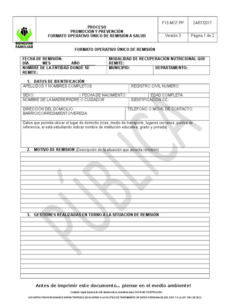 Formato único de remisión a salud ICBF | PDF | Bienestar | Medicina