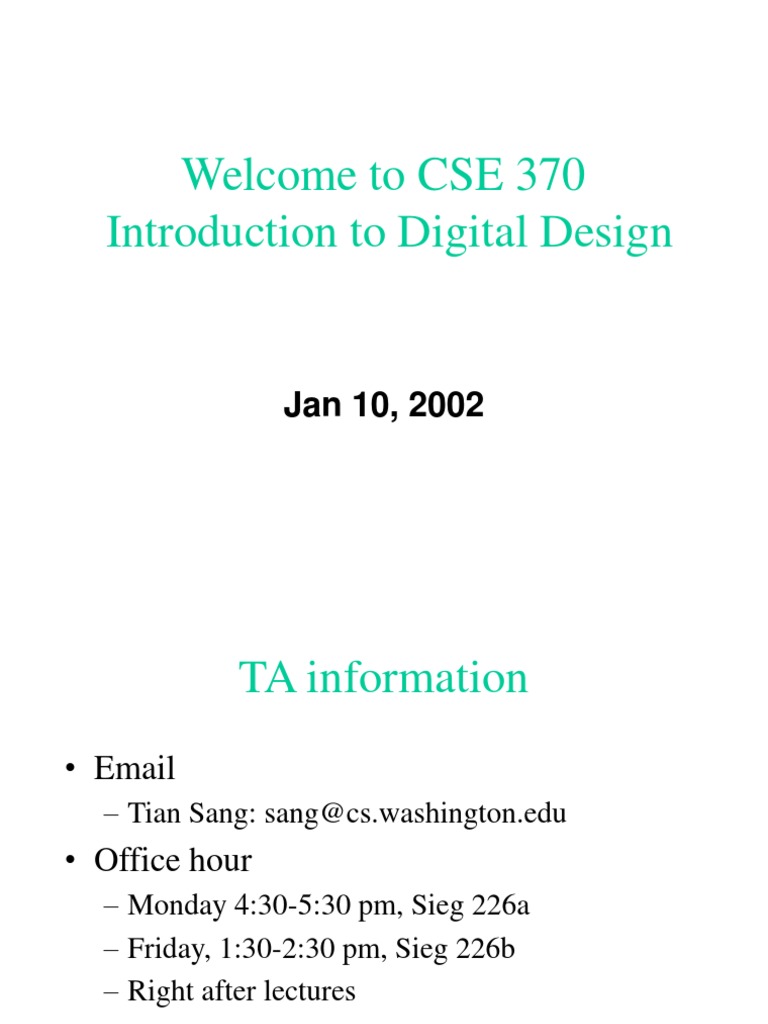 Welcome To CSE 370 Introduction To Digital Design | PDF