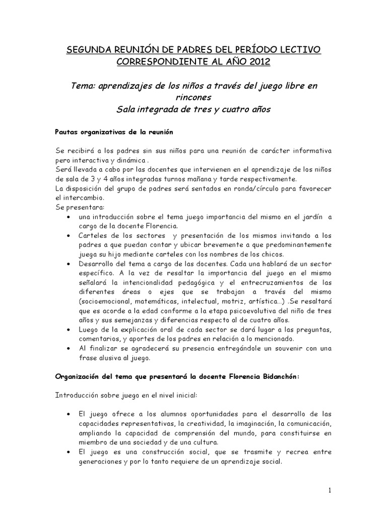 2 Reunion de Padres Juego Libre en Rincones | PDF | Creatividad | Sociedad
