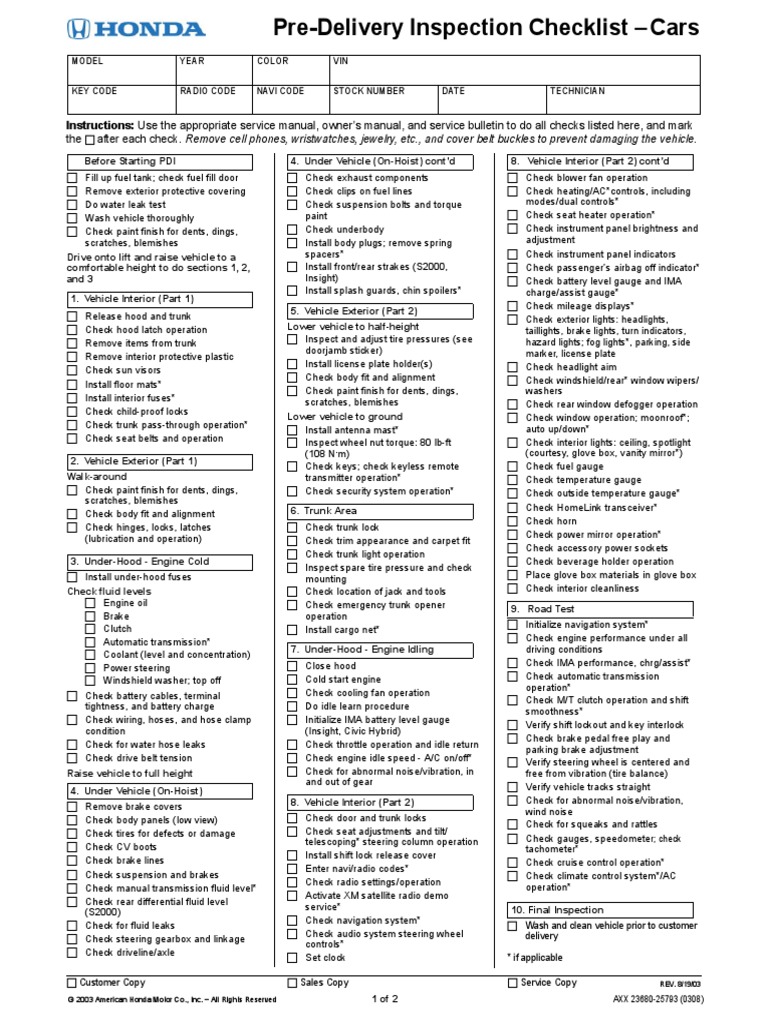 Pre-Delivery Inspection Checklist - Cars | Land Vehicles ...