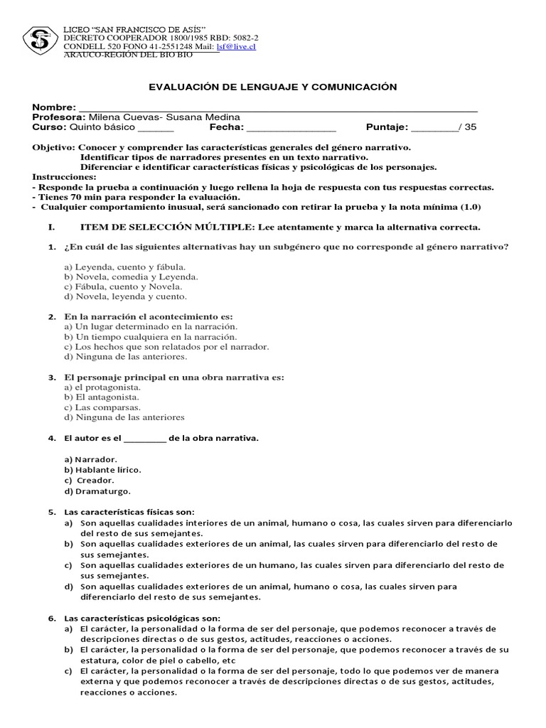 Prueba Genero Narrativo Quinto Basico 2019 | Descargar gratis PDF | Narrativa | Narración